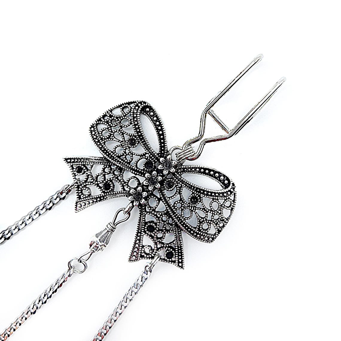 Filigree Bow Chatelaine W/ Three Accessory Chains & Metal Bead Accent ...