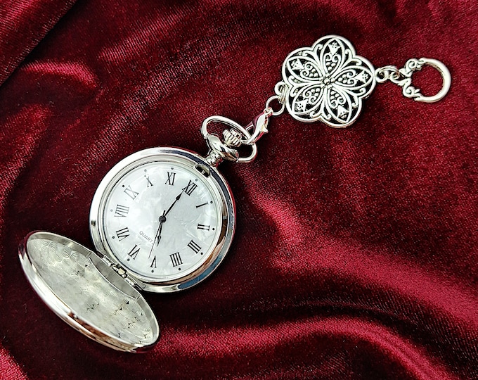 Silver Full Size Chatelaine Pocket Watch W/ Removable Floral Chain ...