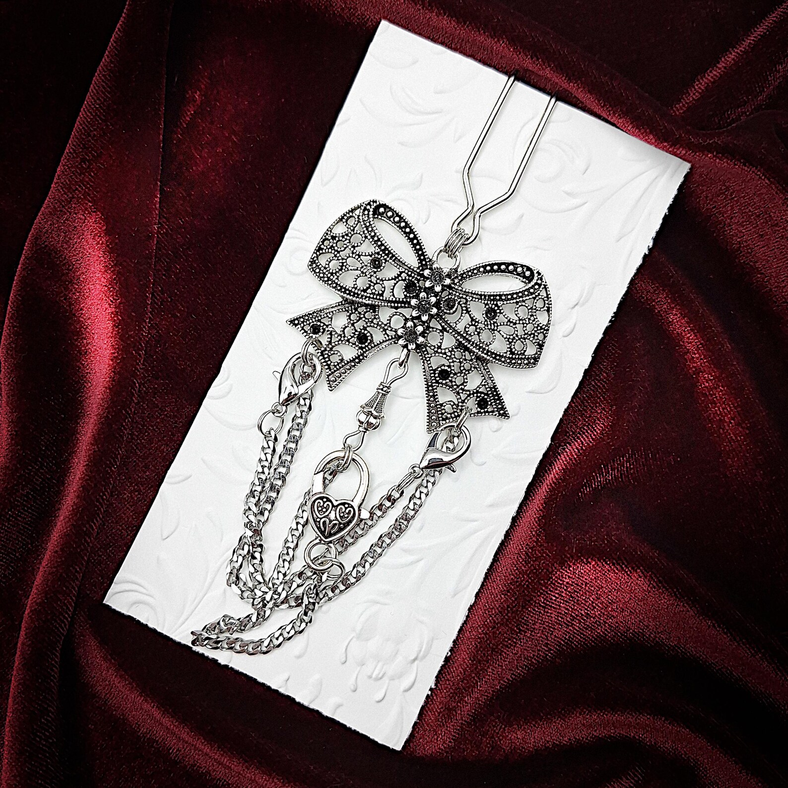 Filigree Bow Chatelaine W/ Three Accessory Chains & Metal Bead Accent ...