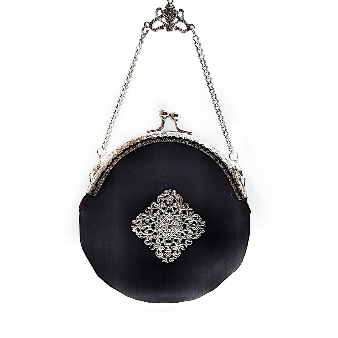 Black Faux Silk Dupioni Chatelaine Coin Purse W/ Filigree Medallion ...