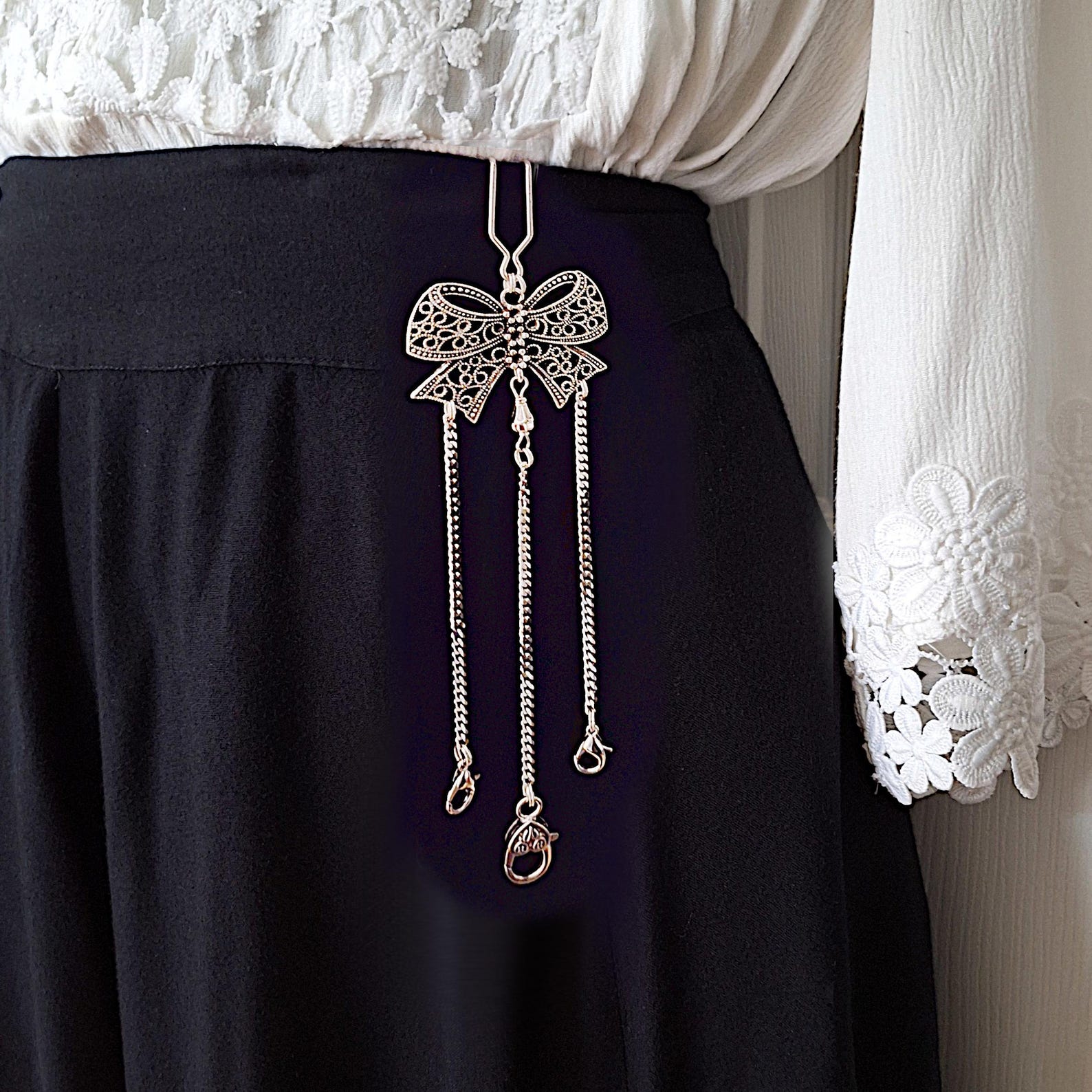 Filigree Bow Chatelaine W/ Three Accessory Chains & Metal Bead Accent ...