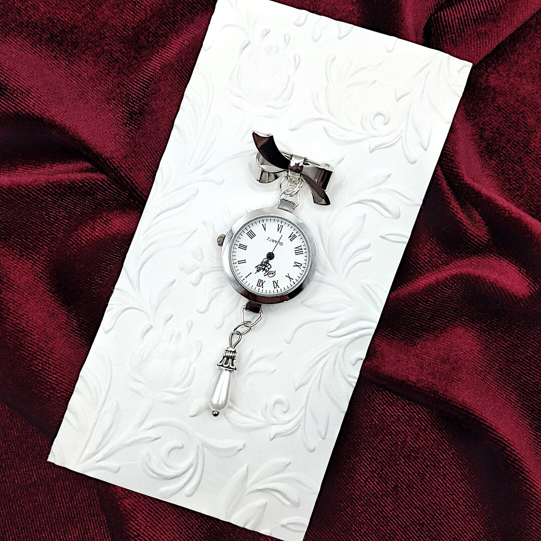 Victorian Style Fob Watch Brooch With Faux Pearl Drop Ornament- Vintage ...