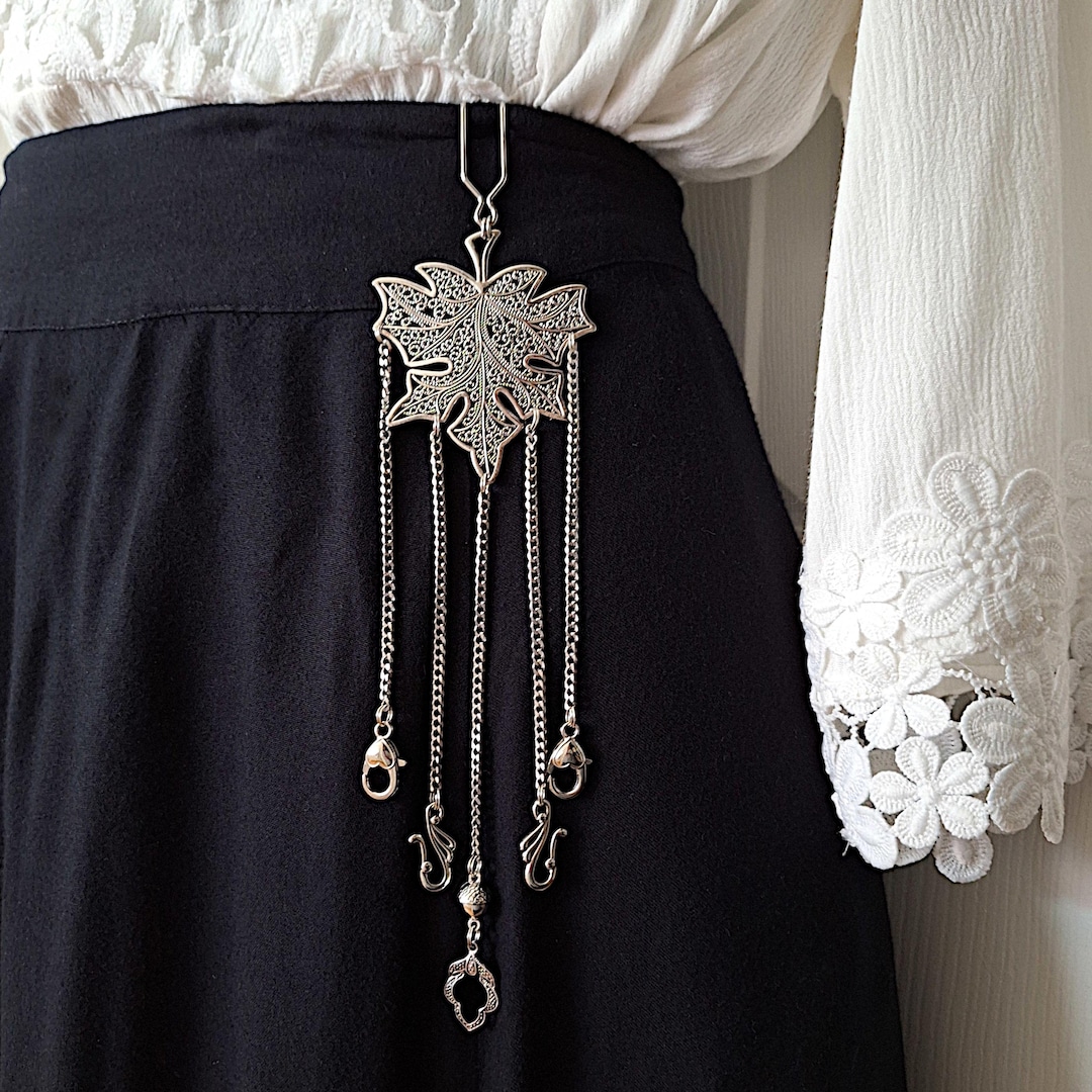 Filigree Maple Leaf Chatelaine W/ Five Accessory Chains & Acorn Charm ...