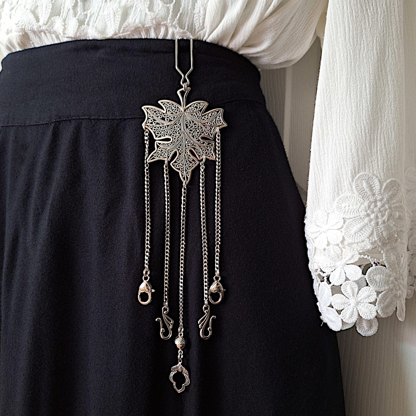 Filigree Maple Leaf Chatelaine W/ Five Accessory Chains & Acorn Charm ...