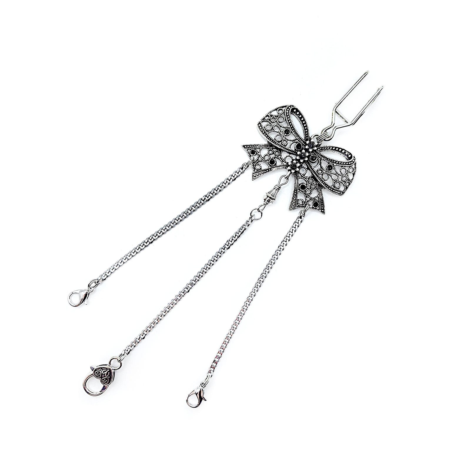 Filigree Bow Chatelaine W/ Three Accessory Chains & Metal Bead Accent ...