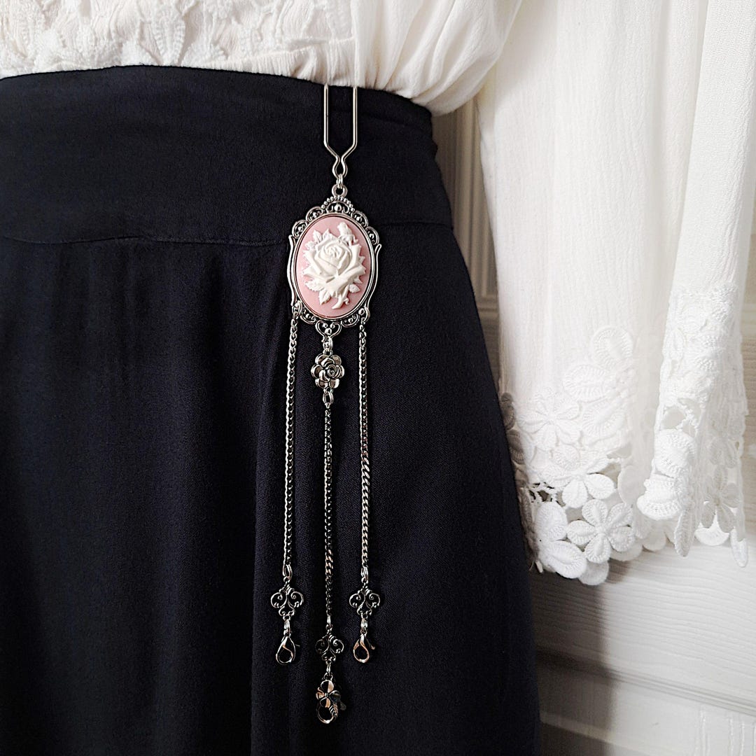 Pink and Ivory Rose Cameo Waist Chatelaine W/ Flower Charm & Filigree ...