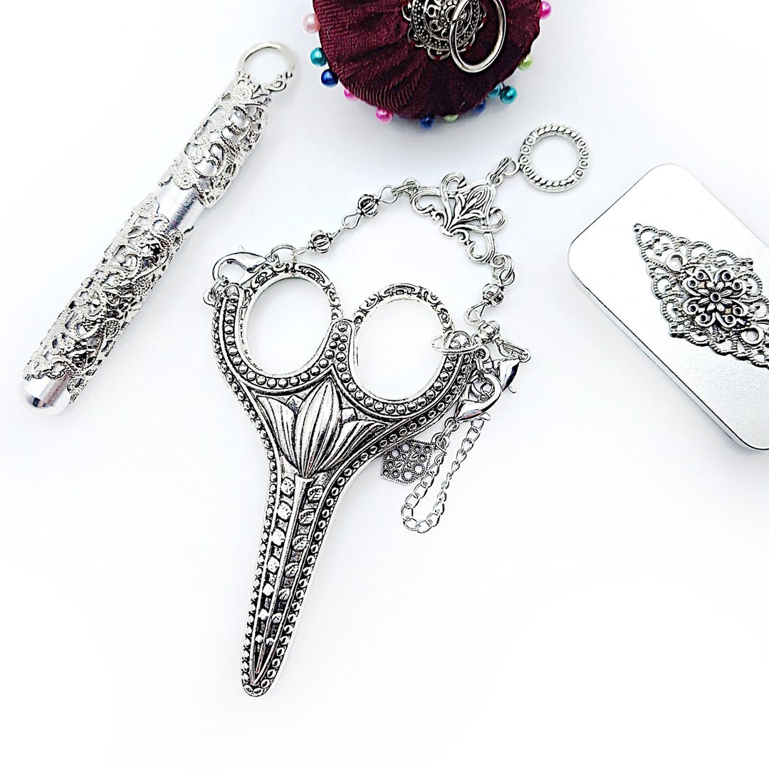 Ornately Embossed Embroidery Scissor & Metal Sheath Set W/ Safety Chain ...