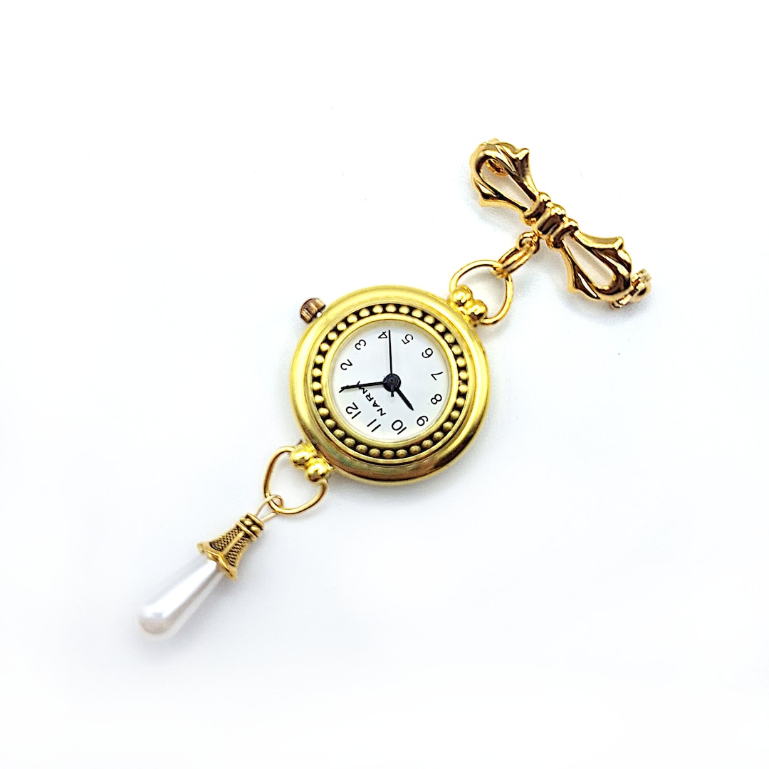 Victorian Style Fob Watch Brooch With Faux Pearl Dangle Ornament ...