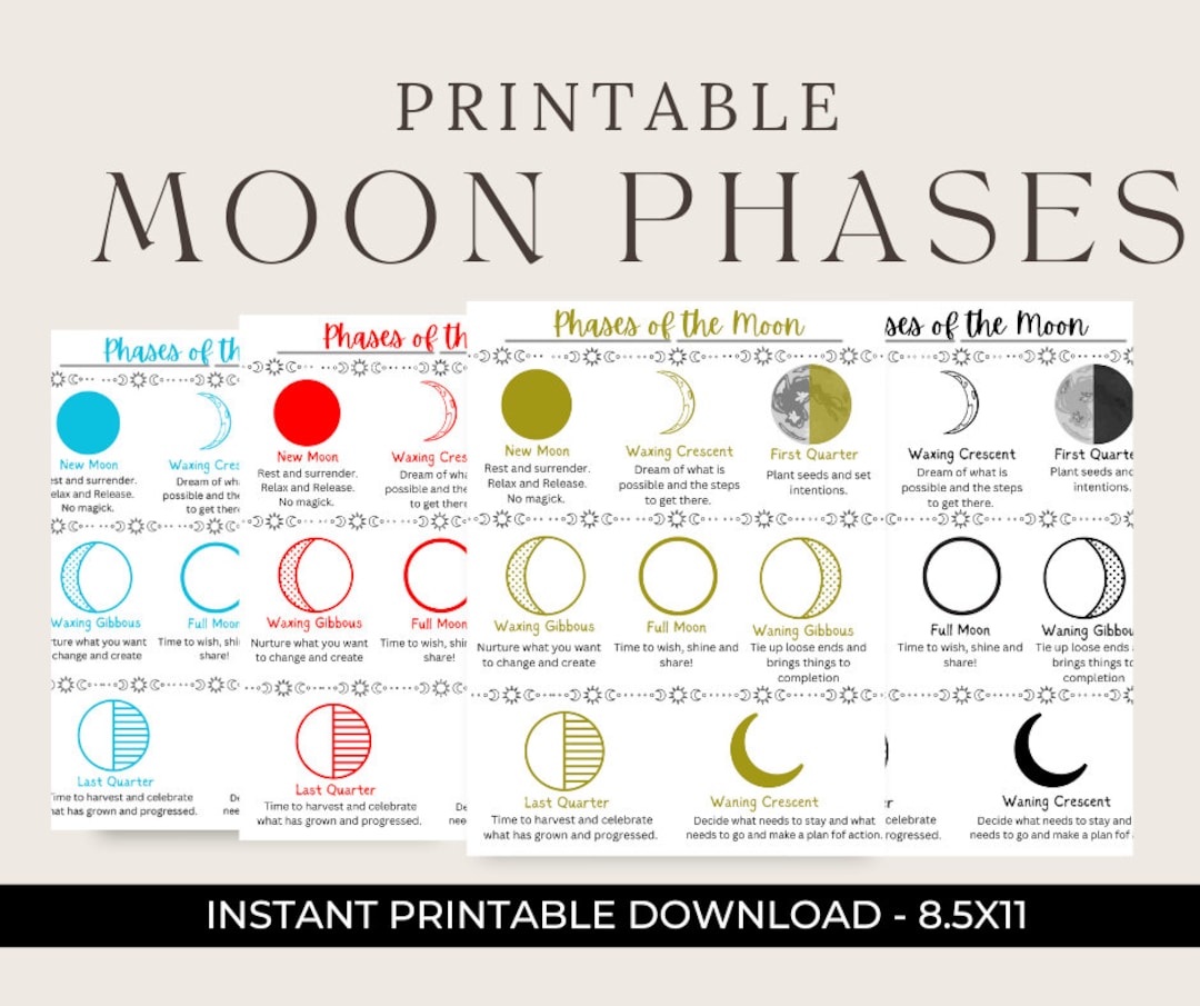 Beautiful Printable Monthly Moon Phase Printout| Moon Phases | Digital Download | Olive | Wiccan ...