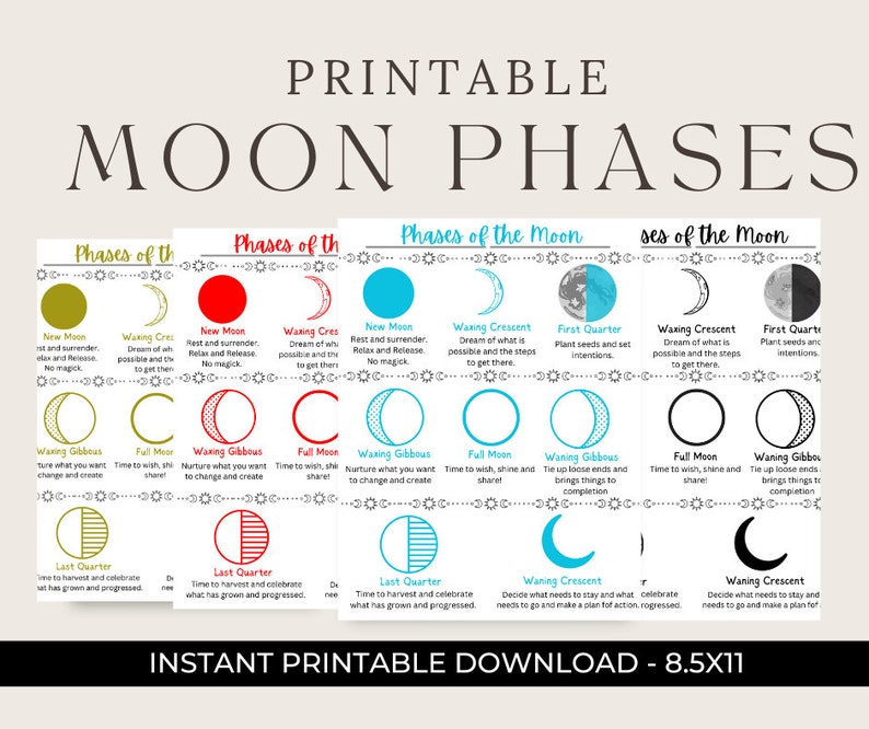 Beautiful Printable Monthly Moon Phase Printout| Moon Phases | Digital ...