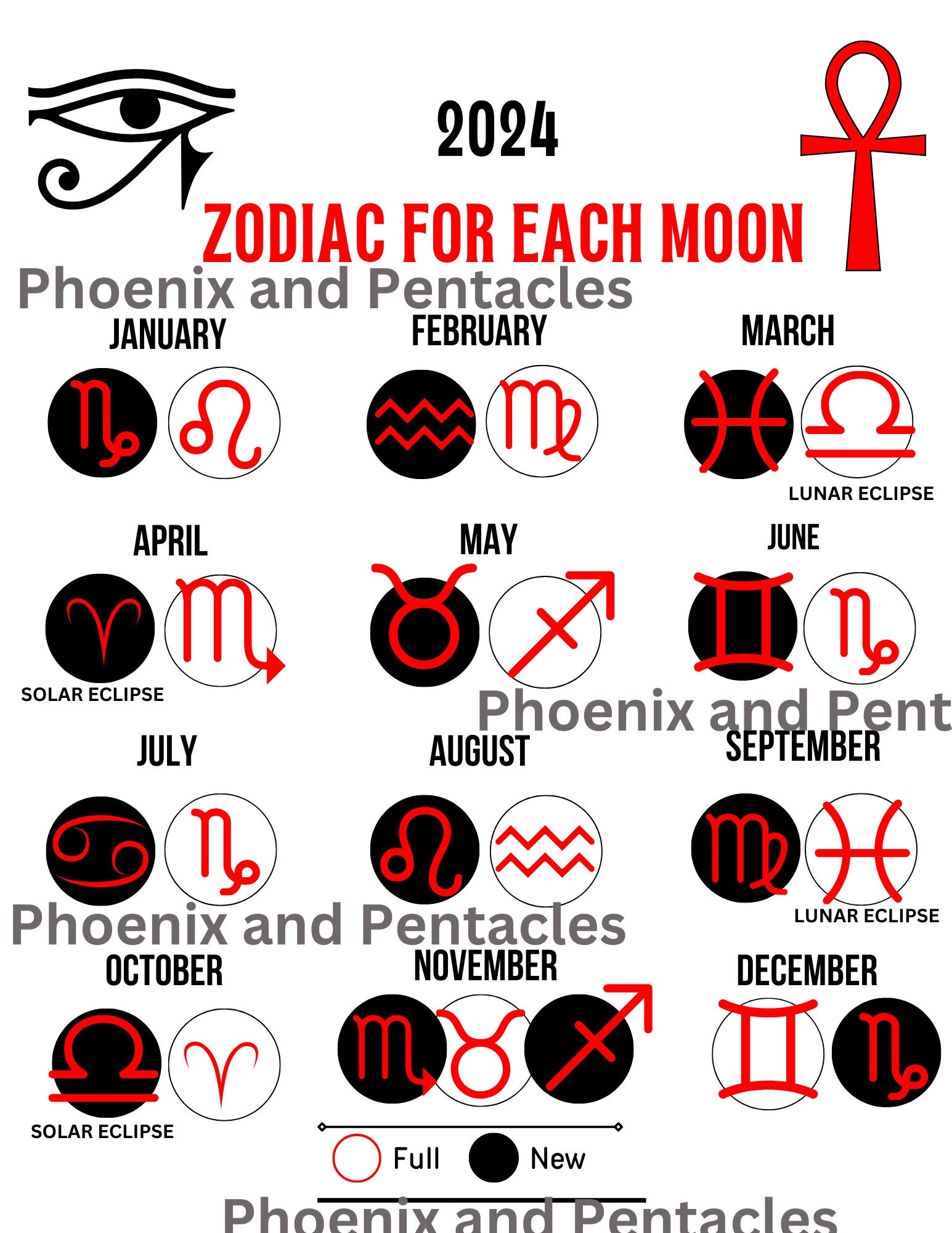 Printable Lunar Calendar Zodiacs - Moon Phases of 2024- 2024 Moon and ...