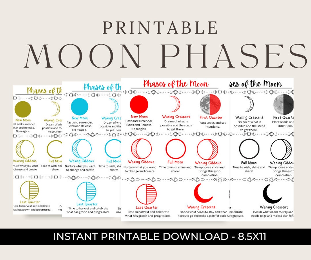 Beautiful Printable Monthly Moon Phase Printout| Moon Phases | Digital ...