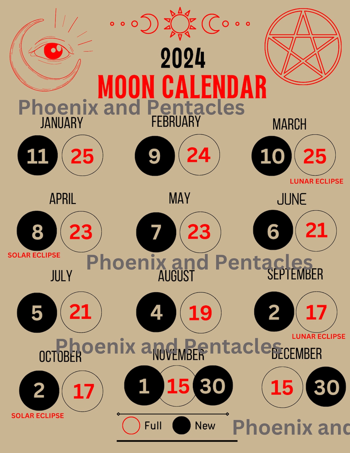 Printable Lunar Calendar 2024 - Moon Phases of 2024- 2024 Moon Calendar- Manifesting Moon Cycles ...