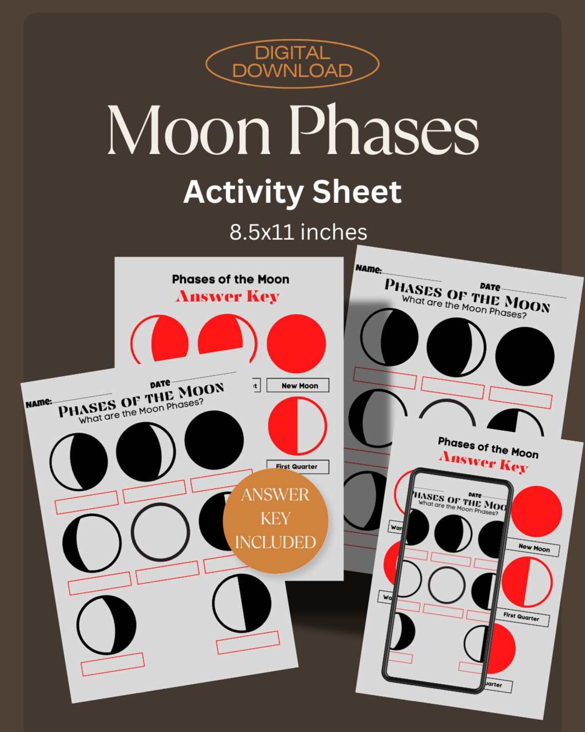 Moon Phase Activity Sheet, PDF, PNG, Digital Download, Moon Phases ...