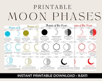 Printable Monthly Moon Phase Printout| Moon Phases | Digital Download | Black | Moon Cycles (8 ...