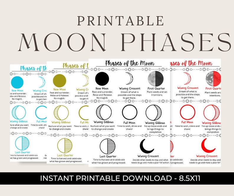 Beautiful Printable Monthly Moon Phase Printout| Moon Phases | Digital ...