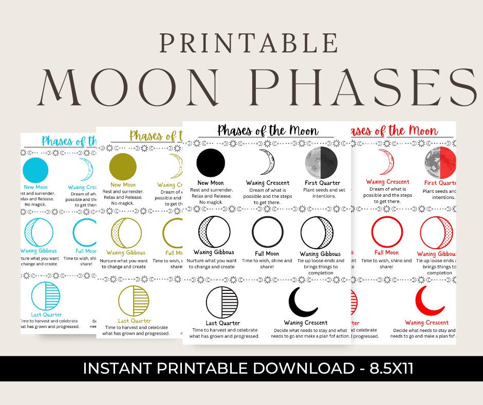 Beautiful Printable Monthly Moon Phase Printout| Moon Phases | Digital Download | Black and ...