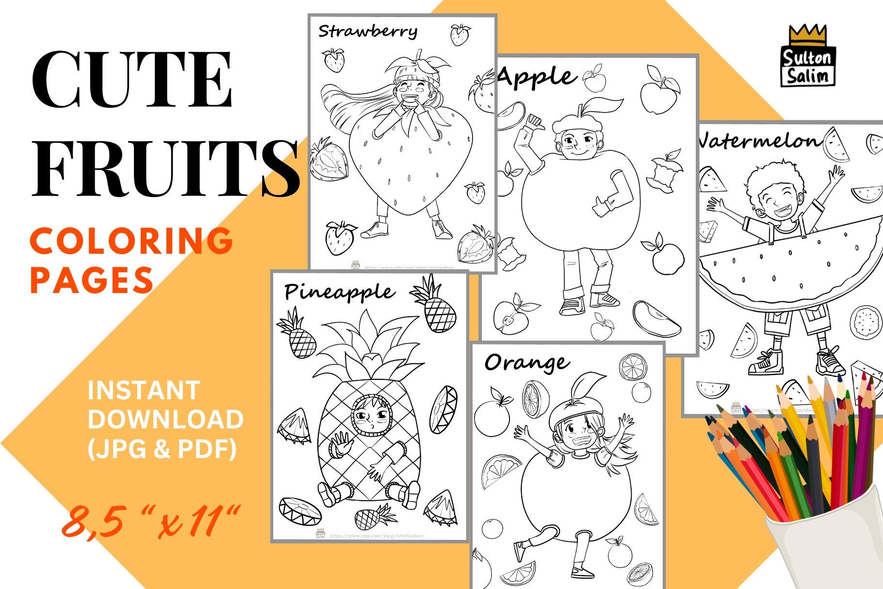 Cute Fruits Coloring Pages for Kids and Adult Digital - Etsy
