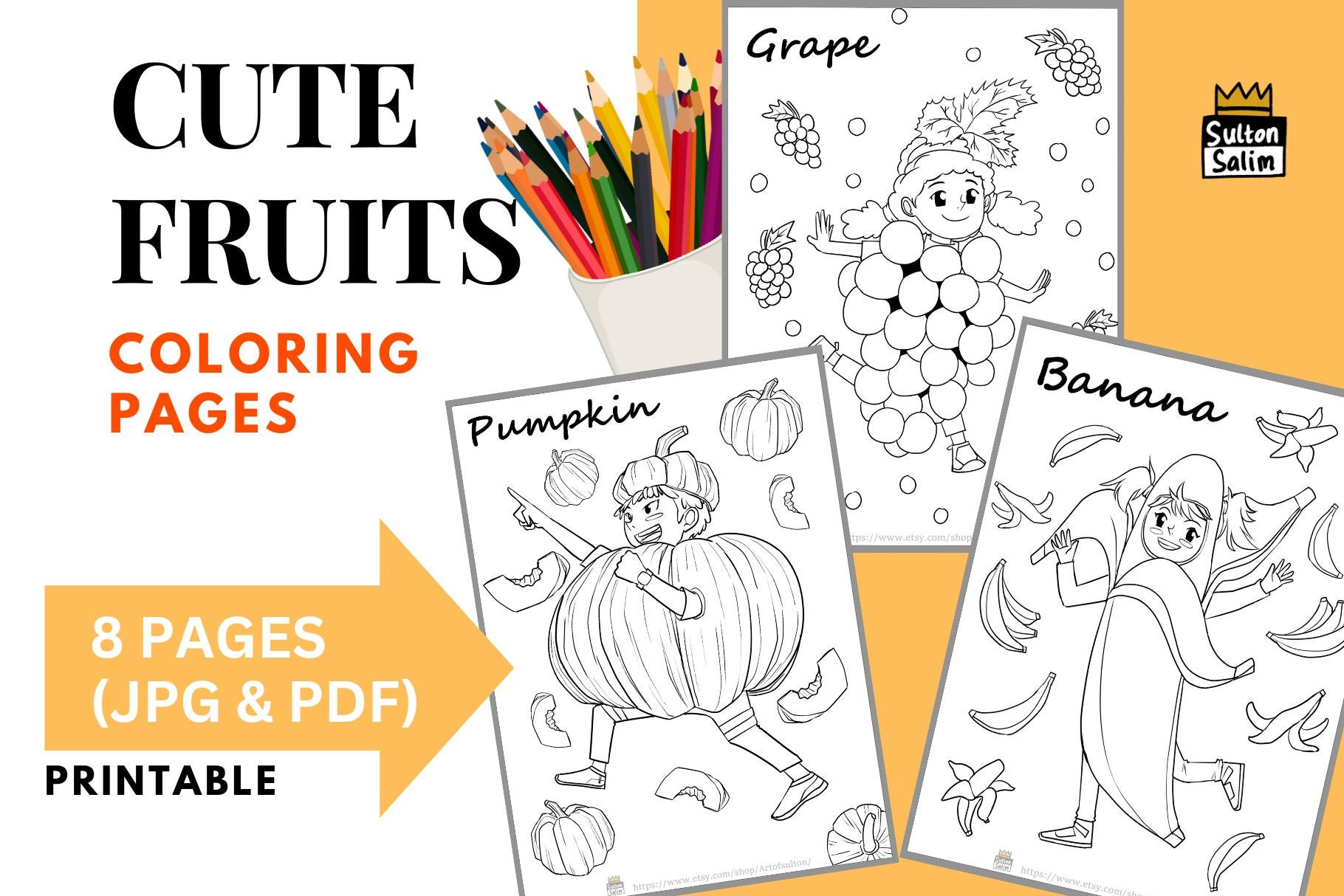 Cute Fruits Coloring Pages for Kids and Adult Digital - Etsy