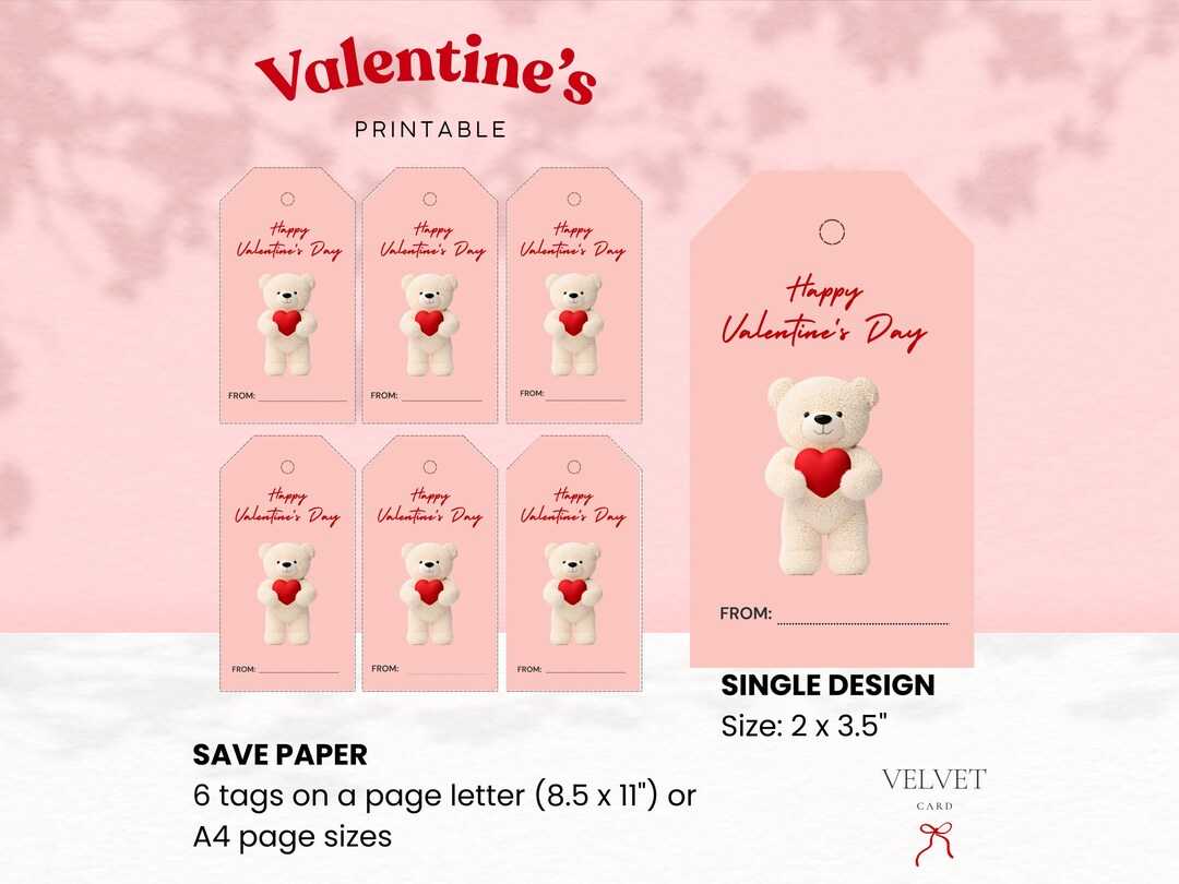 Teddy Bear Valentine Gift Tags | Printable DIY Set (digital Download ...