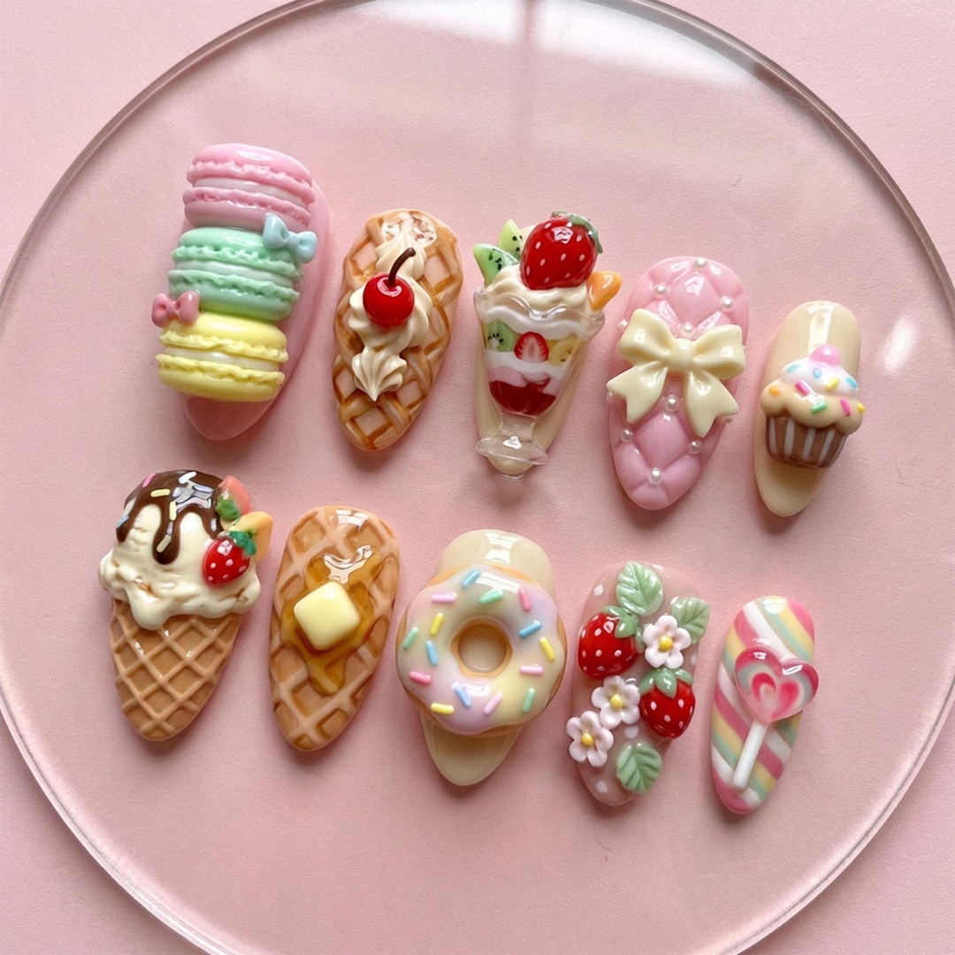Gourmet Dessert Press On Nails 3d Macaron Waffle Fruit Parfait Nail