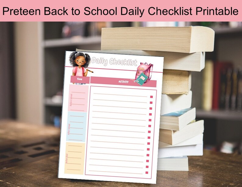 Preteen Girls Back to School Daily Checklist Planner Page, Undated Pink ...