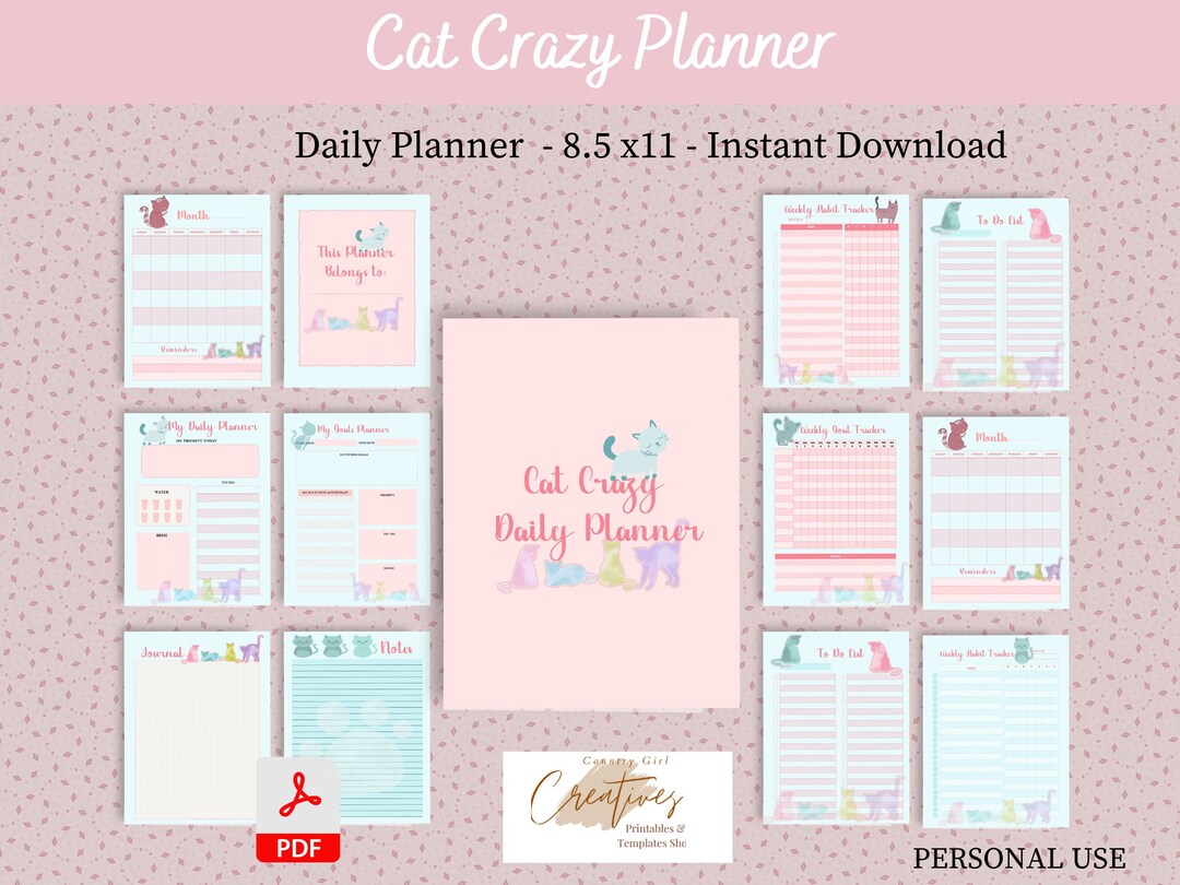 Cat Crazy Daily Planner Pages, Undated Daily Pages, Printable Weekly ...