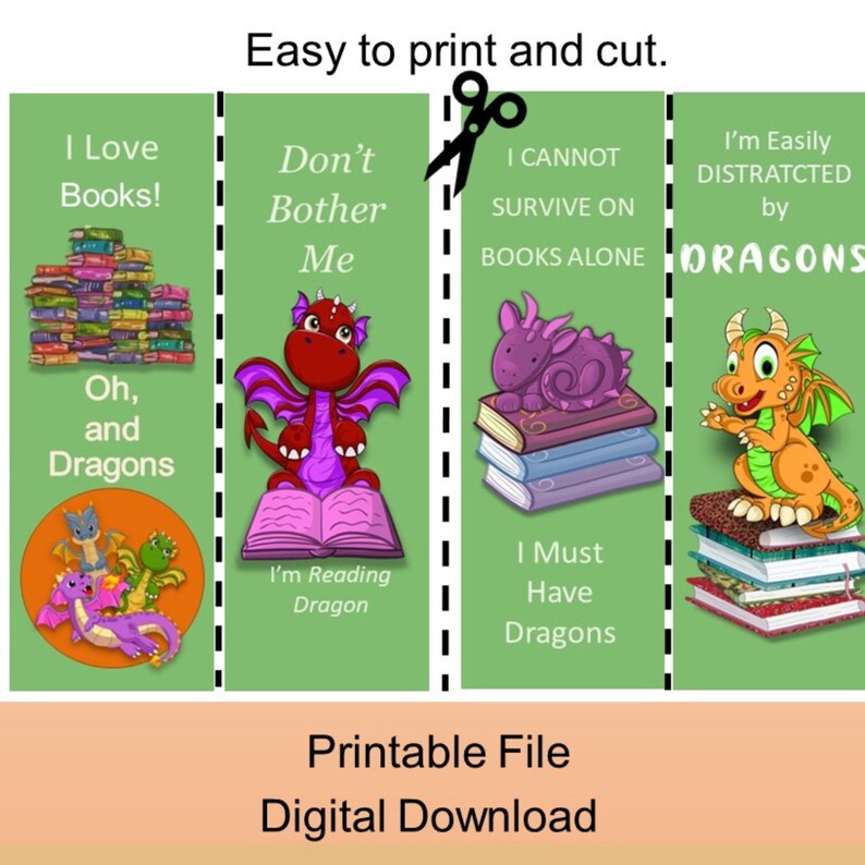 Dragon Saying Printable Bookmarks | Book Lover Gift | Instant Digital ...