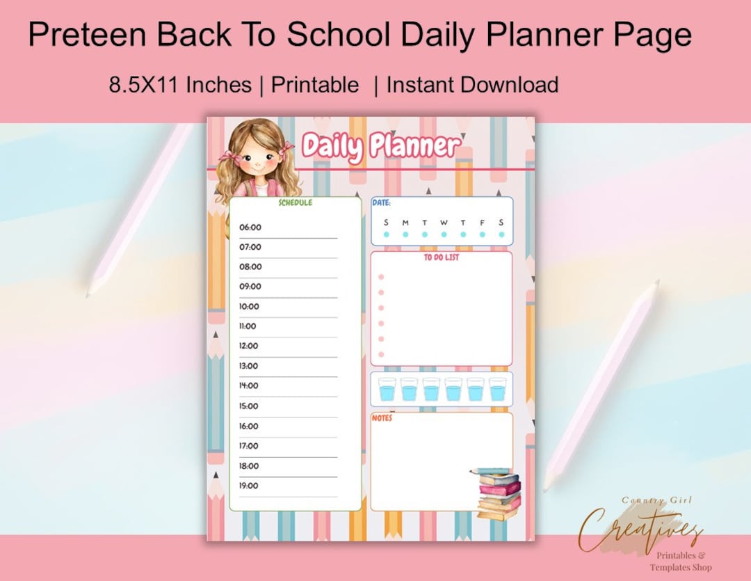 Preteen Back to School Daily Planner Page, Cute Day Plan, Undated Pink ...