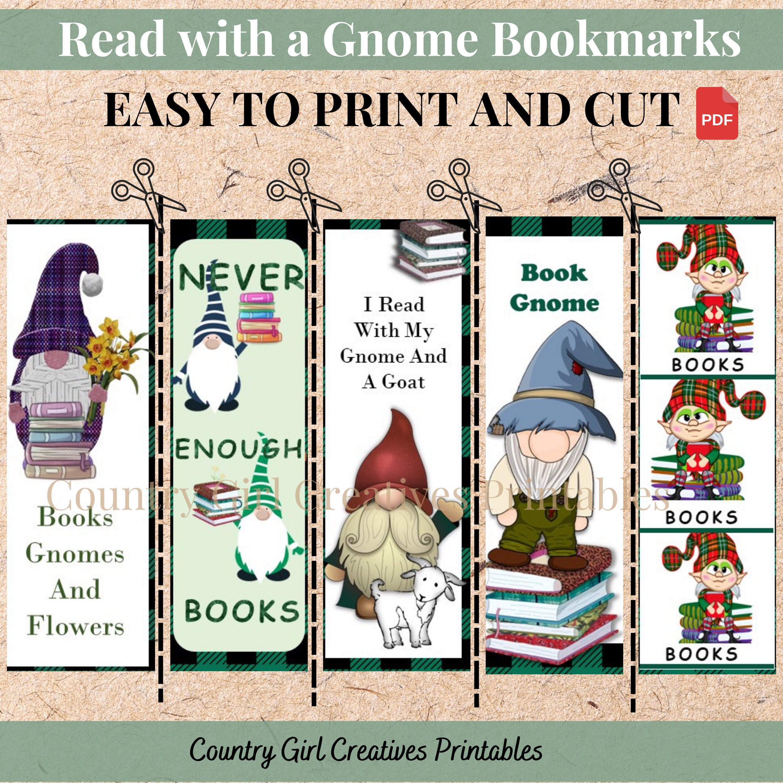 Reading With Gnomes Bookmarks, Printable Bookmarks, Book Lovers Gift ...