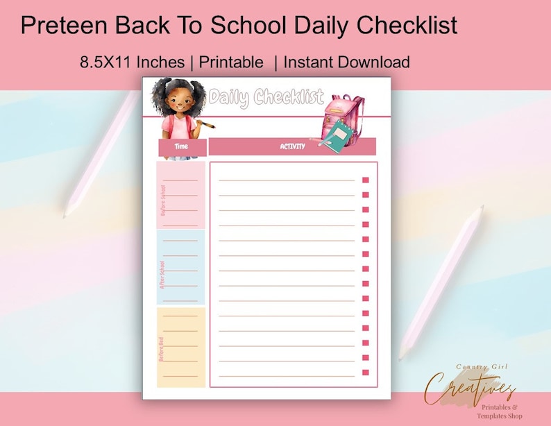 Preteen Girls Back to School Daily Checklist Planner Page, Undated Pink ...