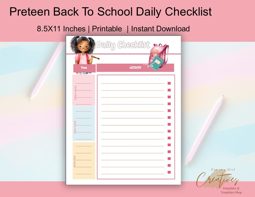Preteen Girls Back to School Daily Checklist Planner Page, Undated Pink ...