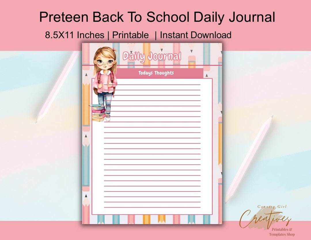 Preteen Back to School Daily Journal Notepaper Page, Undated Pink Note ...