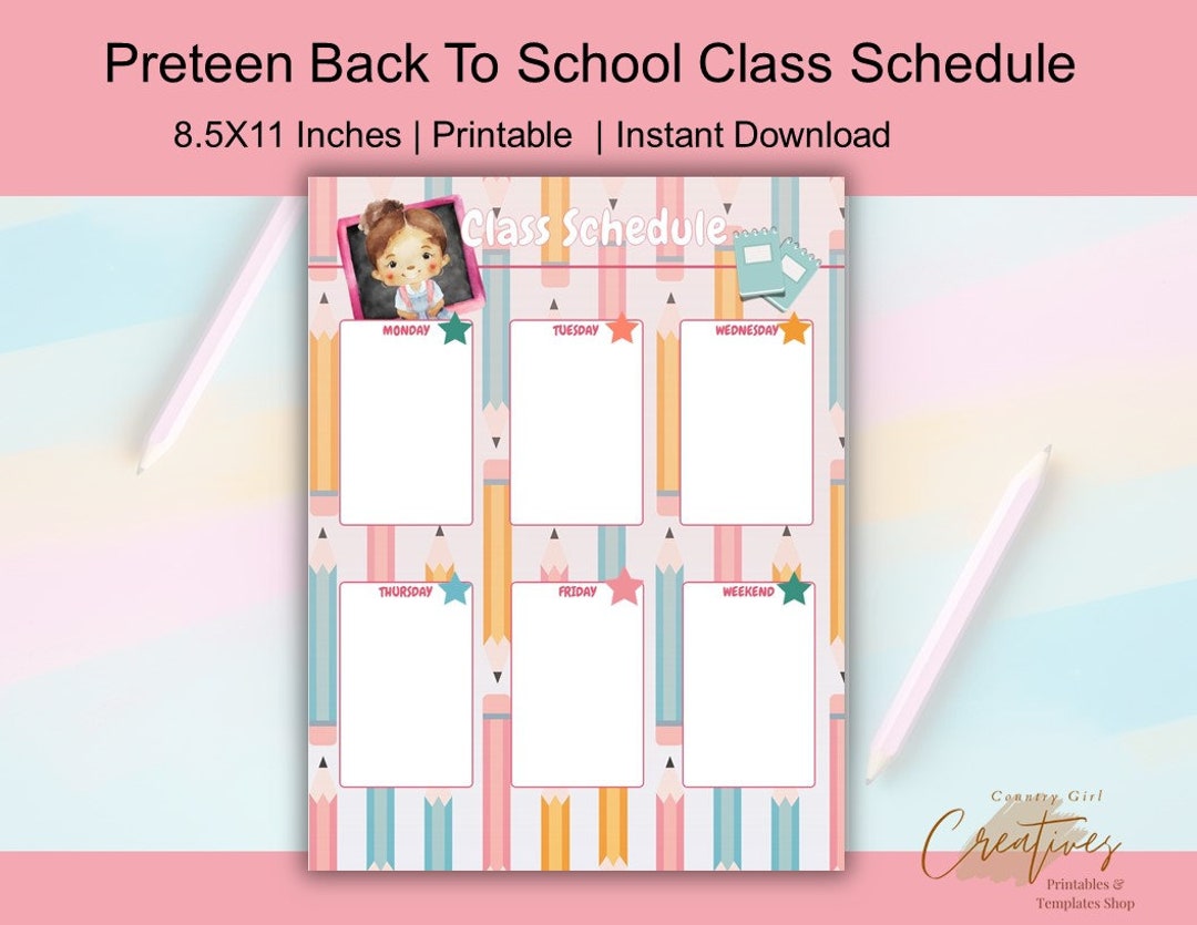 Preteen Girls Back to School Class Schedule Planner Page, Pink Schedule ...