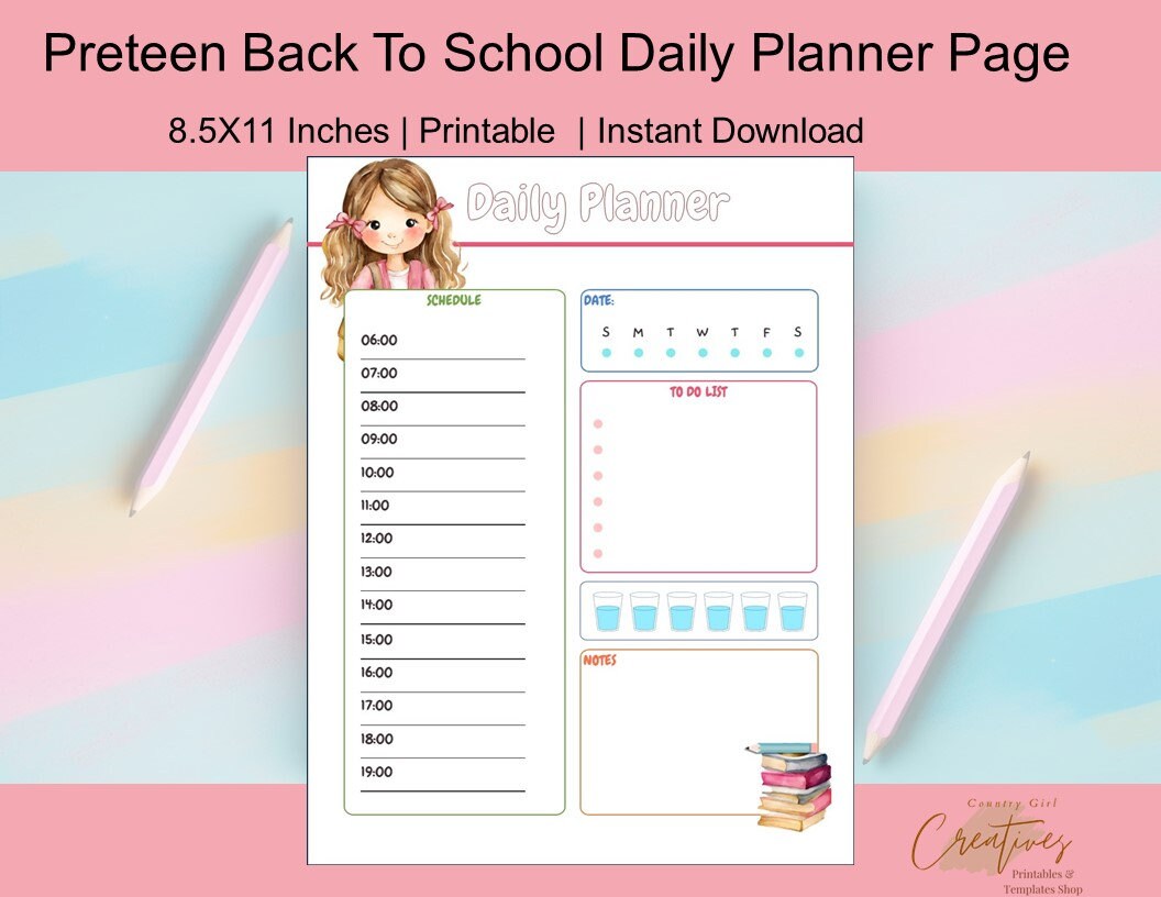 Preteen Girls Back to School Daily Planner Page, Cute Day Plan, Undated ...