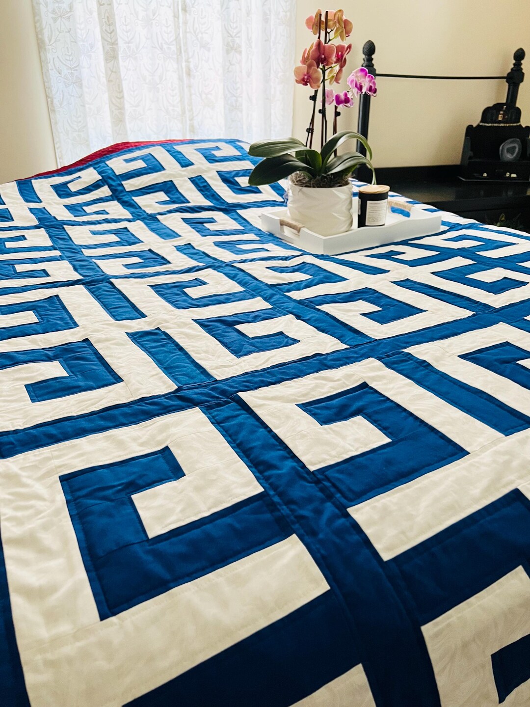 Greek Key Quilt Throw | Handmade Greek Blanket | Meander Pattern Quilt ...