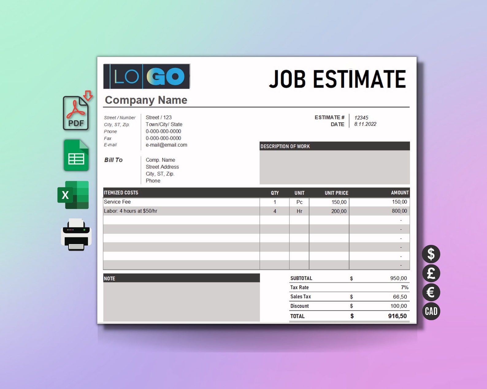 Editable Job Estimate Template: Small Business Invoice (excel, Google ...