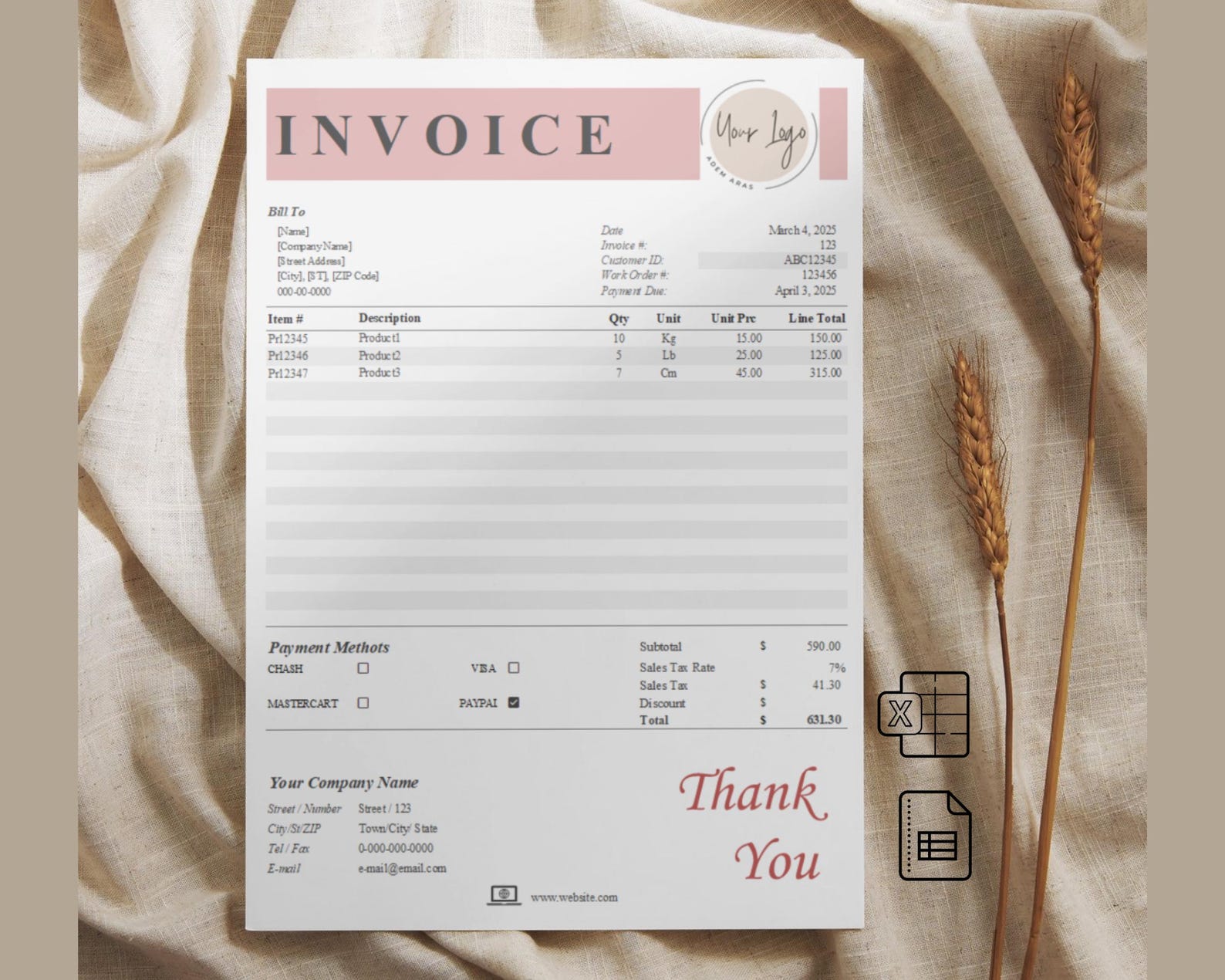 Advanced Invoice Template: Excel & Google Sheets, Printable PDF - Etsy