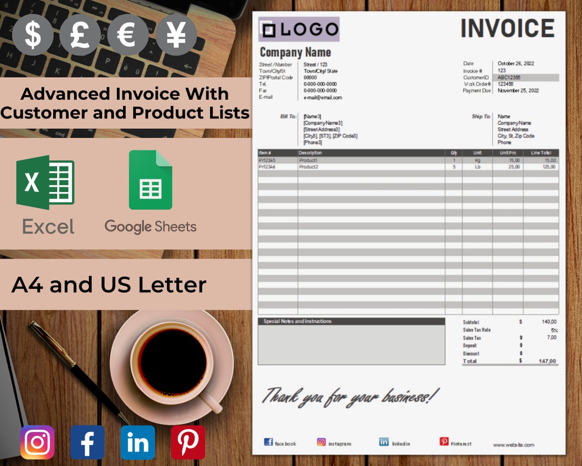 Advanced Invoice Template Selected From Customers and - Etsy Advanced Invoice Template Selected From Customers and - Etsy