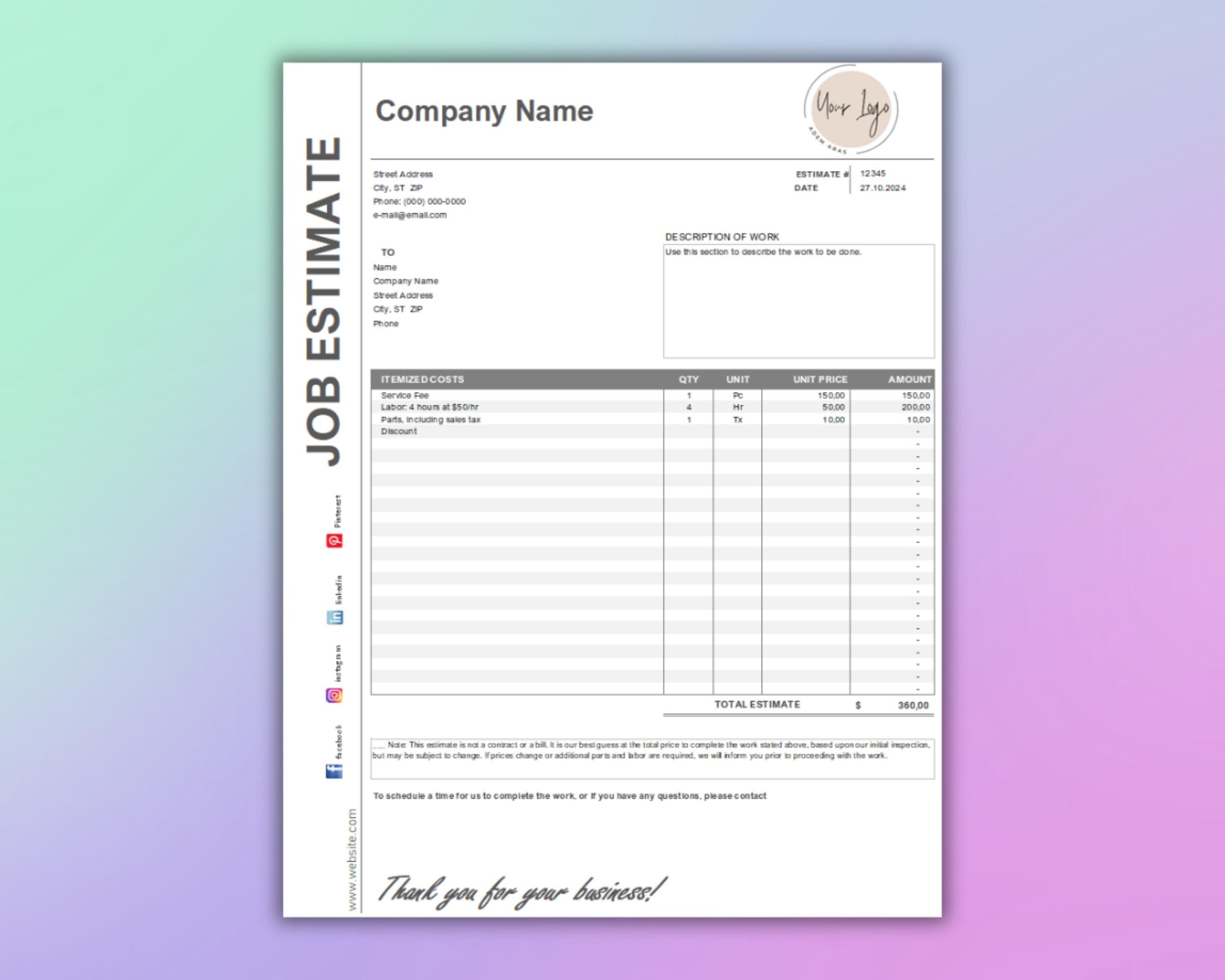 Job Estimate Template: Excel & Google Sheets, Small Business (printable ...