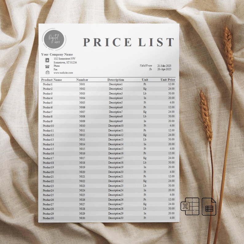 Price List Template, Microsoft Excel, Google Spreadsheet PDF ...