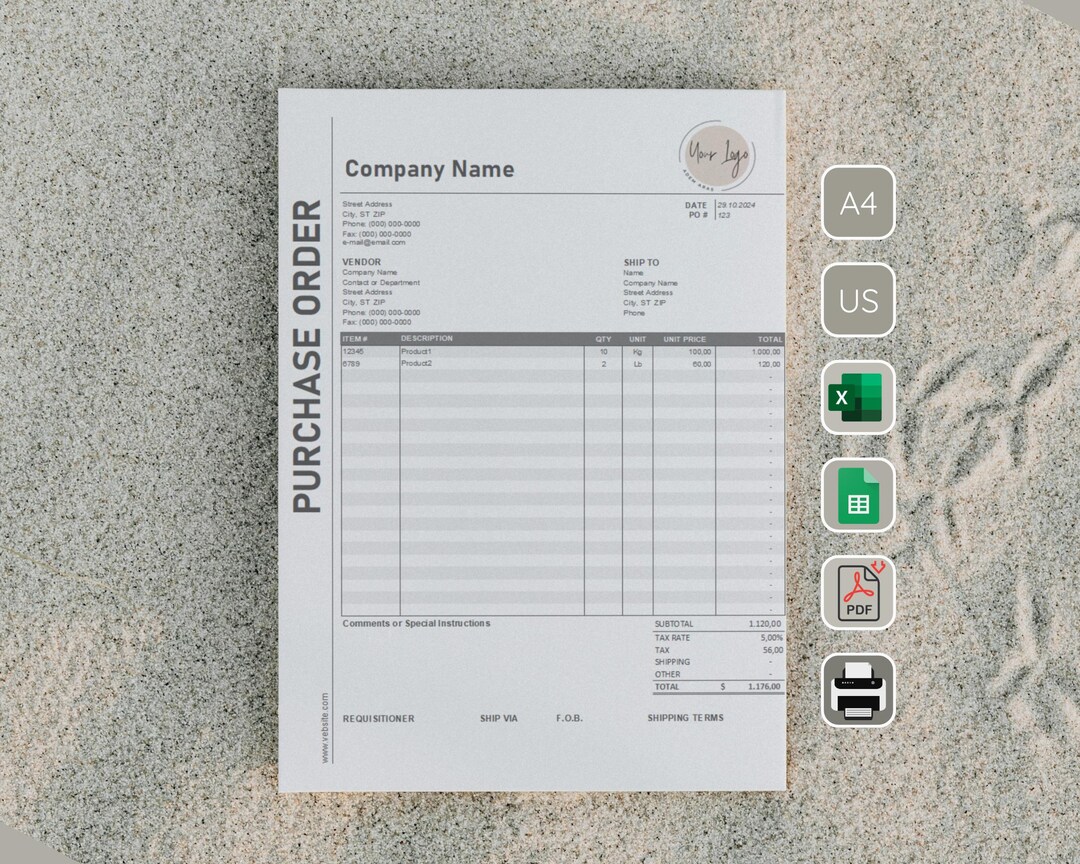 Purchase Order Form Template, Google Sheets, Microsoft Excel ...