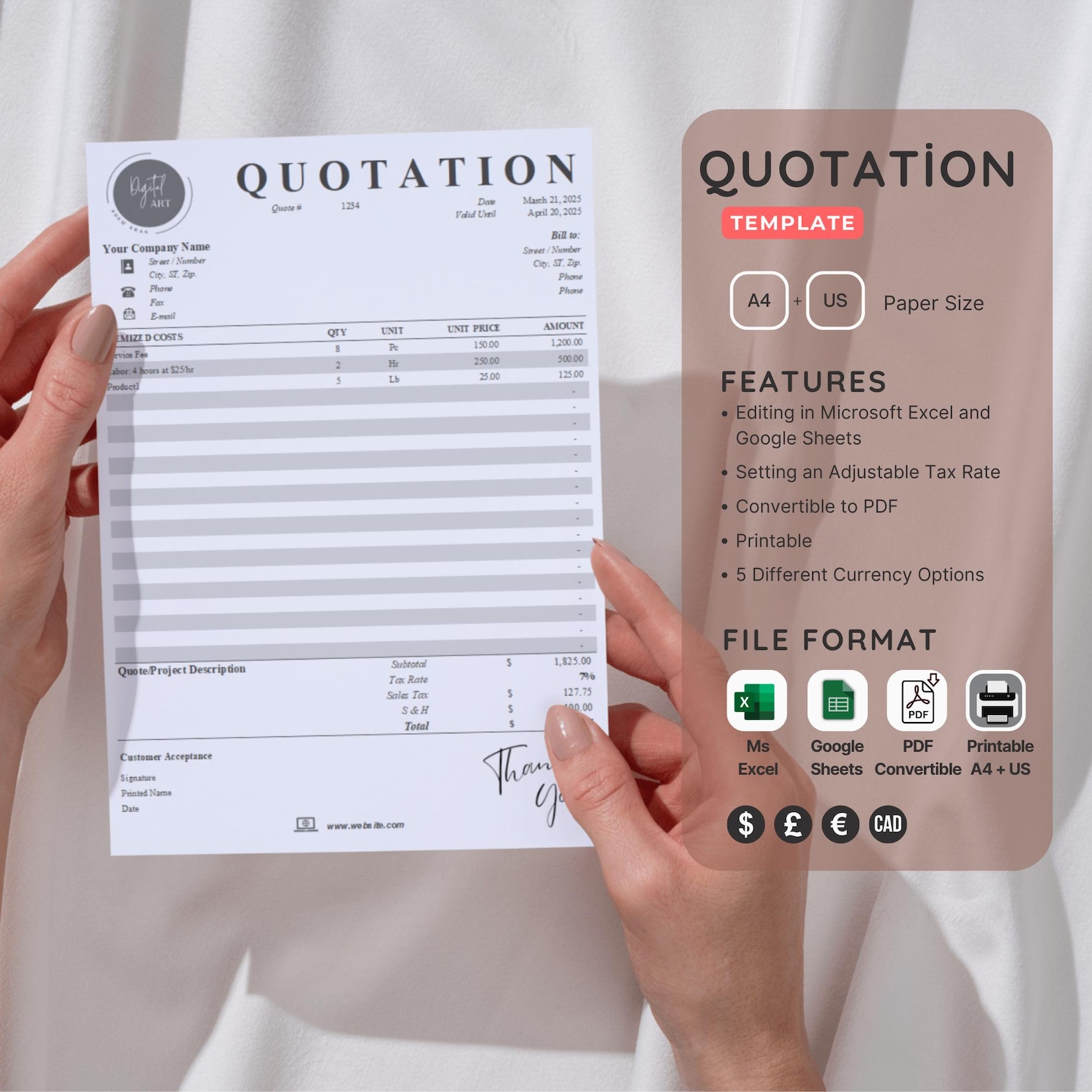 Editable Quote Template: Google Sheets & Excel (PDF) - Etsy