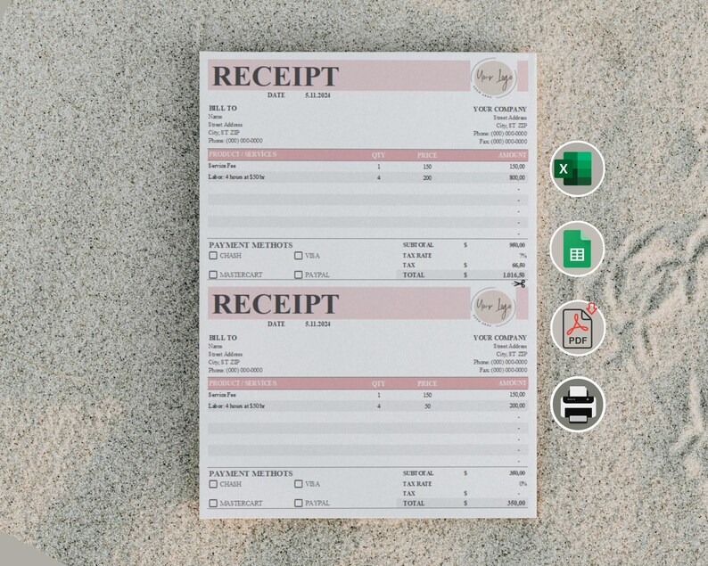 Printable, Editable Receipt Template, for Small Businesses, Excel and Google Sheets Formats, 2 ...