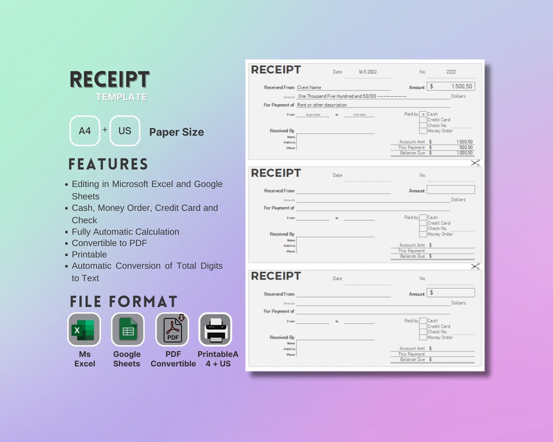 Receipt Template Excel and Google Sheets, Convertible PDF, Receipt Form ...