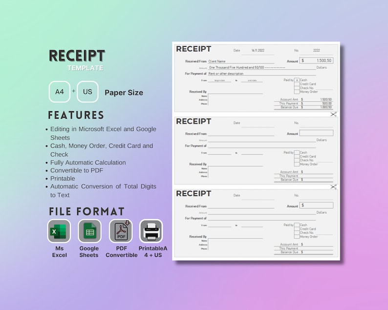 Receipt Template Excel and Google Sheets, Convertible PDF, Receipt Form ...