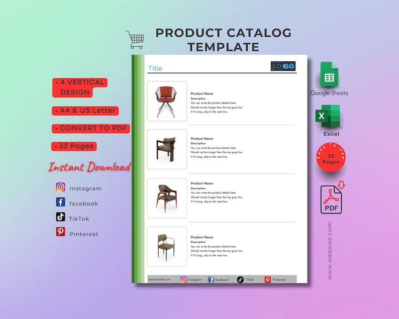 Product Catalog Template: 4 Vertical Designs (excel & Google Sheets) - Etsy
