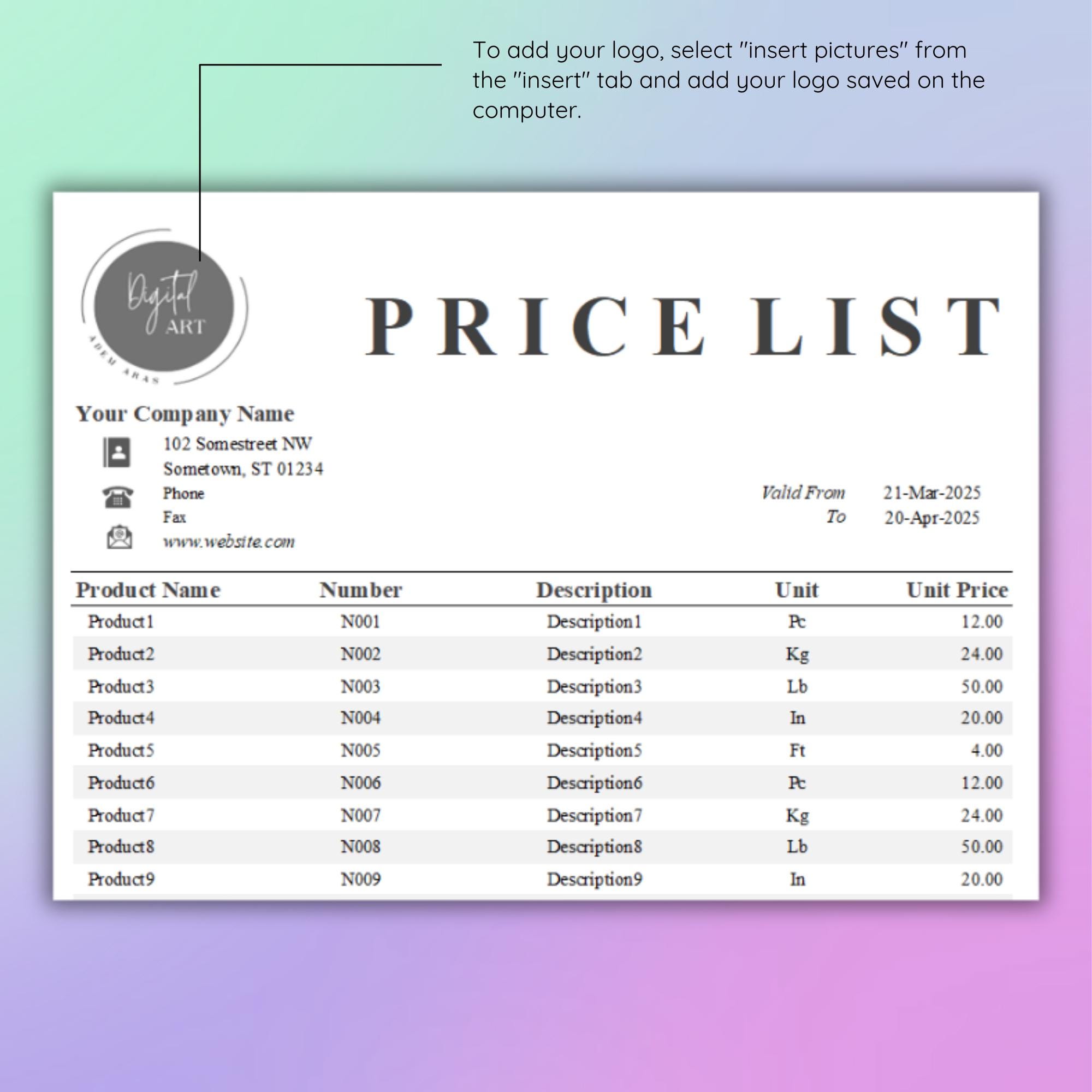Price List Template, Microsoft Excel, Google Spreadsheet PDF ...