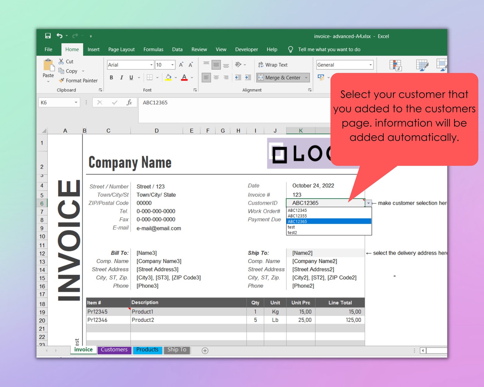Advanced Invoice and Quotation Template, Selected From Customers and ...