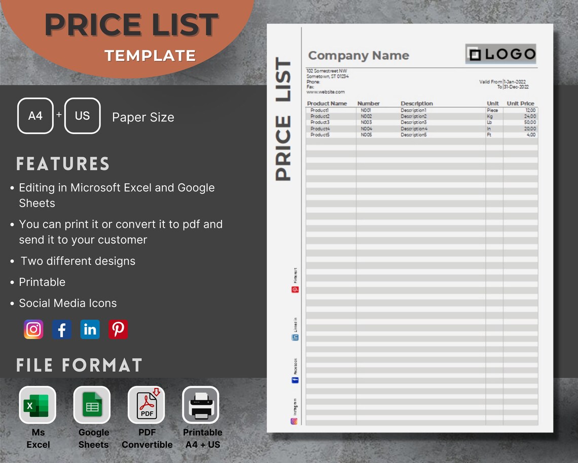 Price List Template Google Sheets Microsoft Excel PDF - Etsy